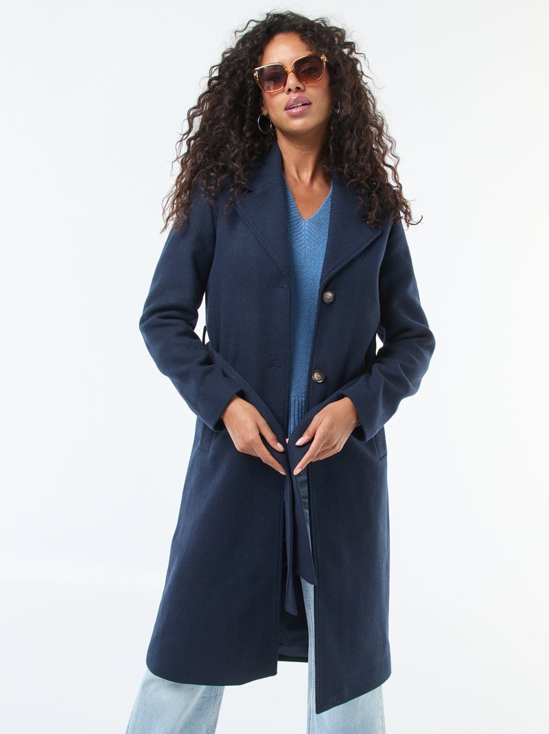 Abrigo largo tipo lana con cinturón - Azul - Mujer - 49.00€ - Kiabi