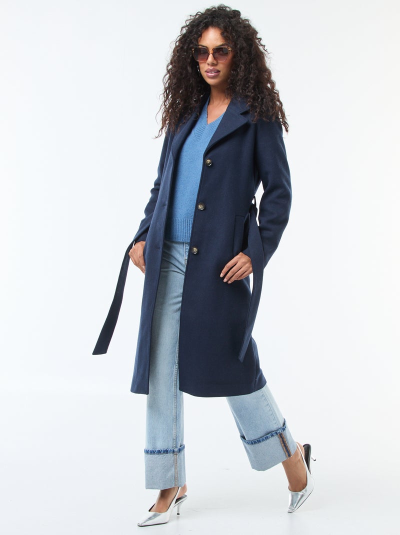 Abrigo largo tipo lana con cinturón - Azul - Mujer - 49.00€ - Kiabi