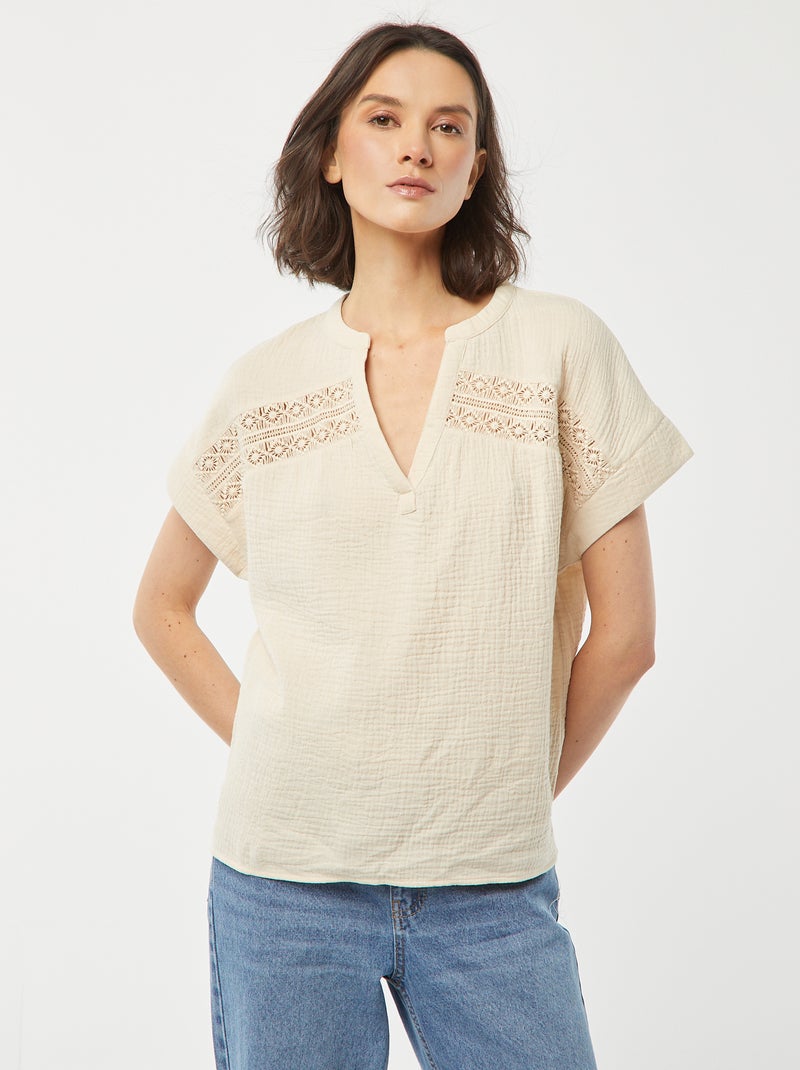 Blusa de gasa de algodón con bordados - BLANCO - Mujer - 18.00€ - Kiabi