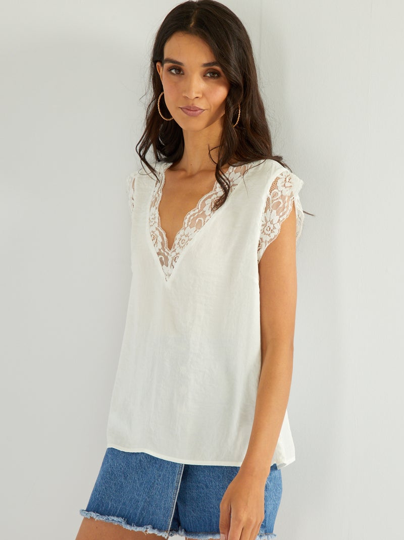 Blusa satinada con encaje - Blanco - Mujer - 15.00€ - Kiabi