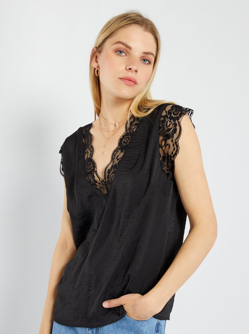 Blusa satinada con encaje - Negro - Mujer - 15.00€ - Kiabi