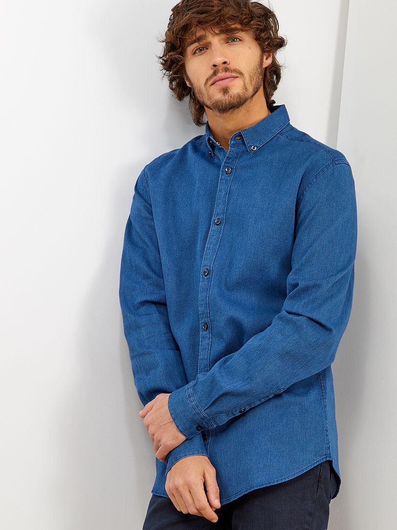 Camisa slim de piqué de algodón - azul - Kiabi - 15.00€
