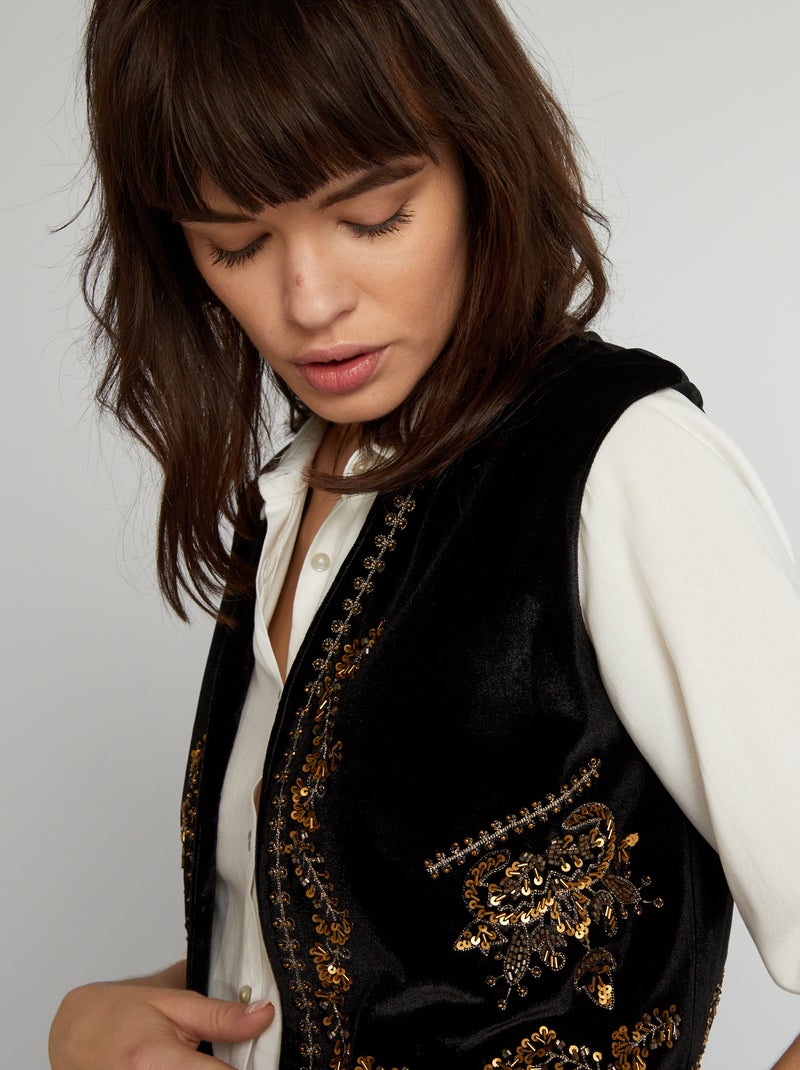 Chaleco de terciopelo bordado - negro - Mujer - 27.00€ - Kiabi