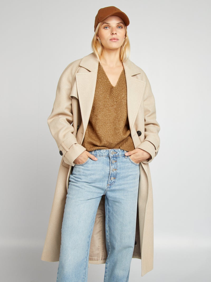 Gabardina Larga De Efecto Lana Con Doble Botonadura Blanco Kiabi