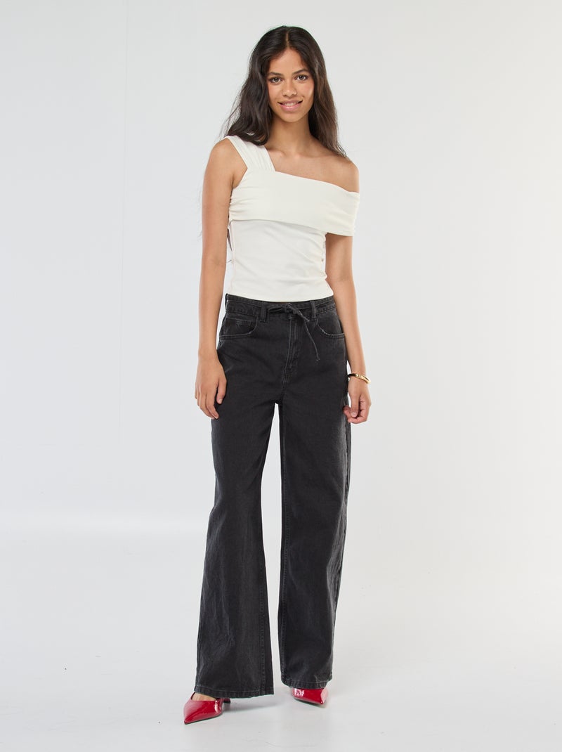 Jean corte wide leg con cinturón fino de jean - Gris - Mujer - 25.00 ...