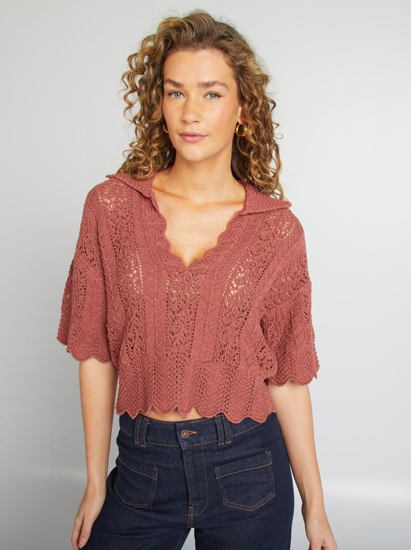 Jersey calado con cuello de polo - Rosa - Mujer - 20.00€ - Kiabi