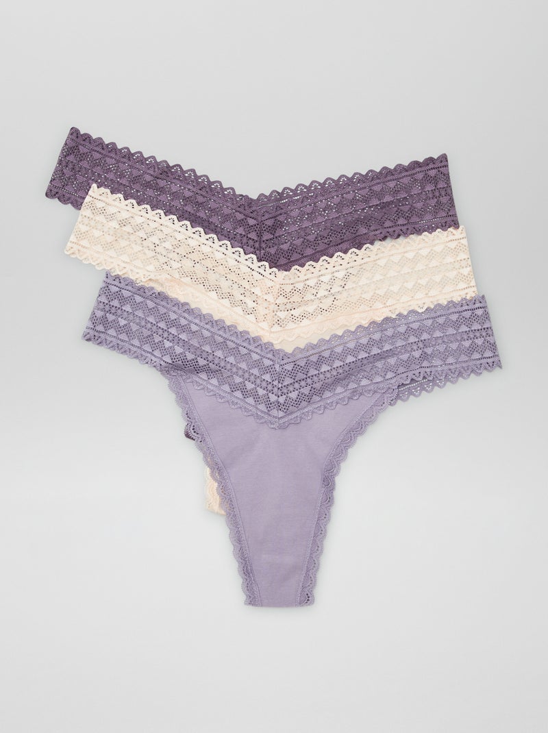 Pack de 3 tangas de algodón y encaje - PURPURA - Mujer - 8.00€ - Kiabi
