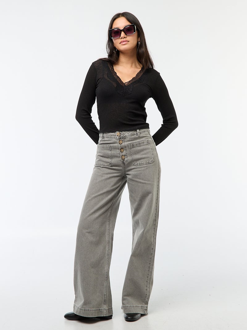 Top de encaje de manga larga - Negro - Mujer - 15.00€ - Kiabi